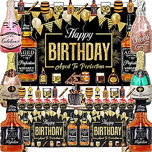 Nelton Whiskey Birthday Party Decorations, Aged to Perfection Birthday Party Supplies Include Backdrop, Banner, Cake Topper, 24 Cupcake Toppers, 6 Foil Balloons, Table Cloth