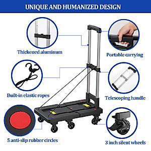 Klonvs Folding Hand Truck Dolly, 650 LBS Portable Shopping Carts with 6 Foldable Rotary Wheels (2 Brake Wheels) & 2 Elastic Ropes, Utility Cart Heavy Duty for Travel, Moving, Airport, Office Use