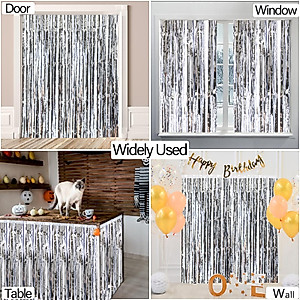 Silver Foil Fringe Backdrop Curtains, 2 Pack of 3.28 ft x 8.28 ft Metallic Tinsel Foil Fringe Streamer Photo Booth Props Backdrop for New Year Christmas Birthday Wedding Party Decorations