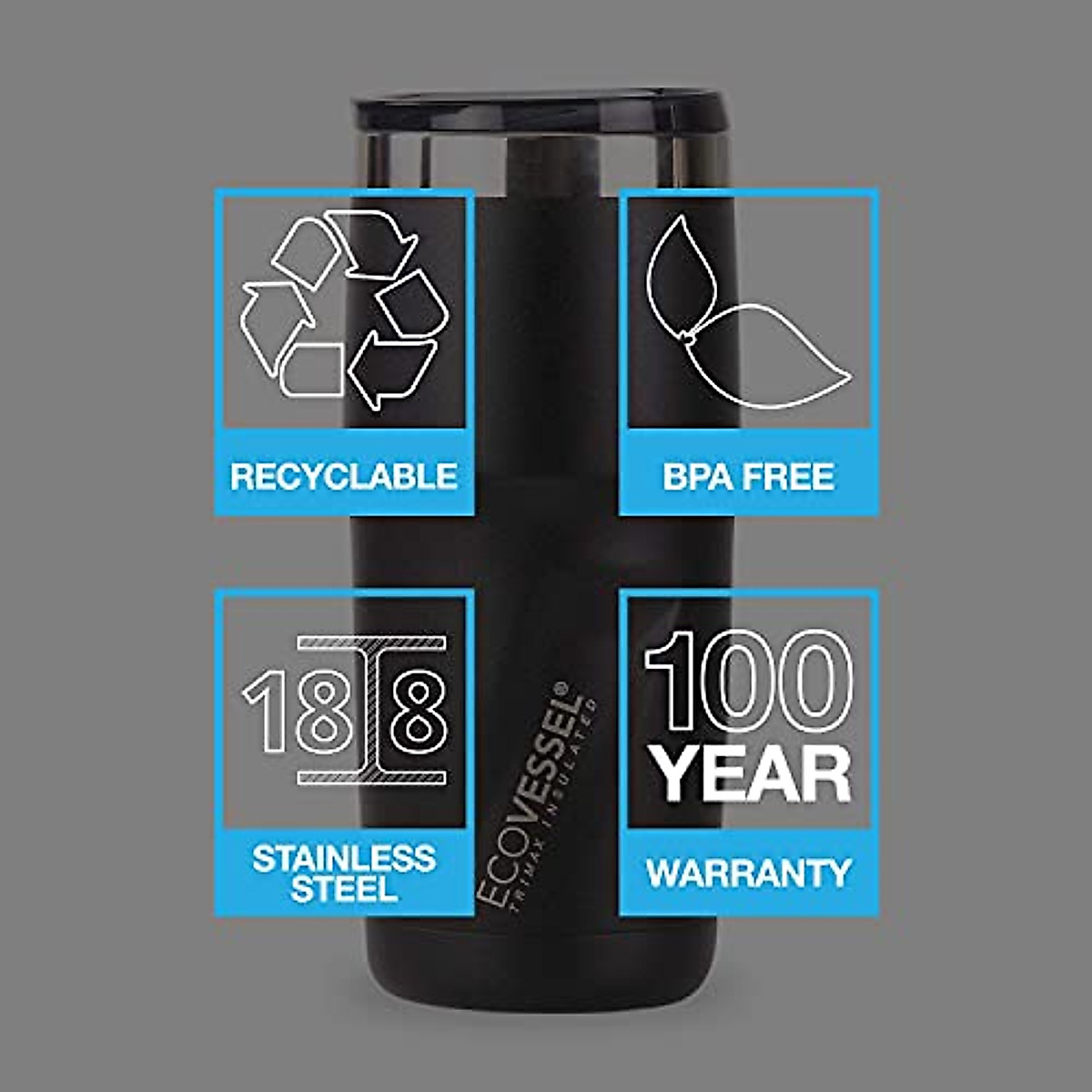 EcoVessel Metro TriMax Vacuum Insulated Stainless Steel Tumbler Cup/Coffee Travel Mug with BPA Free Slider Top - 16 oz Pint Glass - Silver Express