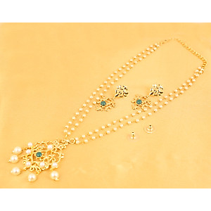 Touchstone NEW Contemporary Kundan Collection Indian Bollywood Sober and Classy Look Traditional Kundan Polki Faux Pearls Faux Emerald Long Designer Jewelry Pendant Set in Gold Tone for Women.