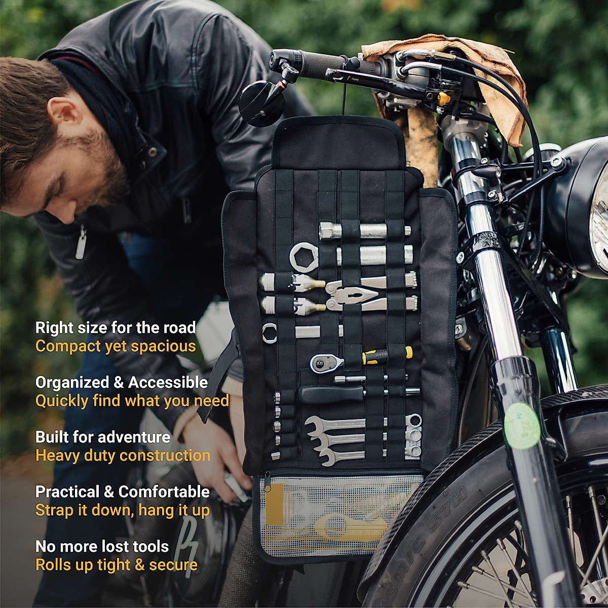 Odinsberg Motorcycle Tool Roll Bag Tools NOT Included - Small Tool Bag Wrench Roll Up Tool Bag Organizer Pouch Wrap Motorcycle Tool Kit Box For Harley Enduro Dirt Bike UTV Motorcycle Accessories Gear