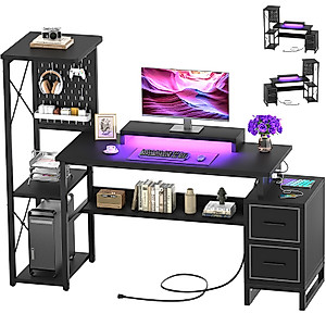 Computer Desk with 2 Fabric Drawers - Reversible Home Office Desk with Power Outlet & LED Lights, 53" Writing Desk with Monitor Stand & Storage Shelves, Gaming Desk Study Table with Pegboard, Black