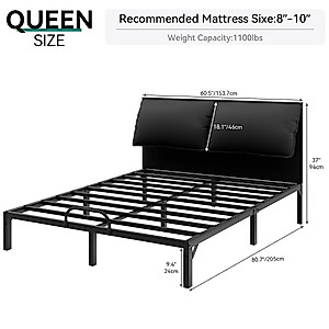 YITAHOME Queen Size Metal Bed Frame with Pu Leather Upholstered Headboard,Platform Bed Frame with Steel Slats Support,Non-Slip Device,No Box Spring Needed,Extra Under-Bed Space,Easy Assembly,Black