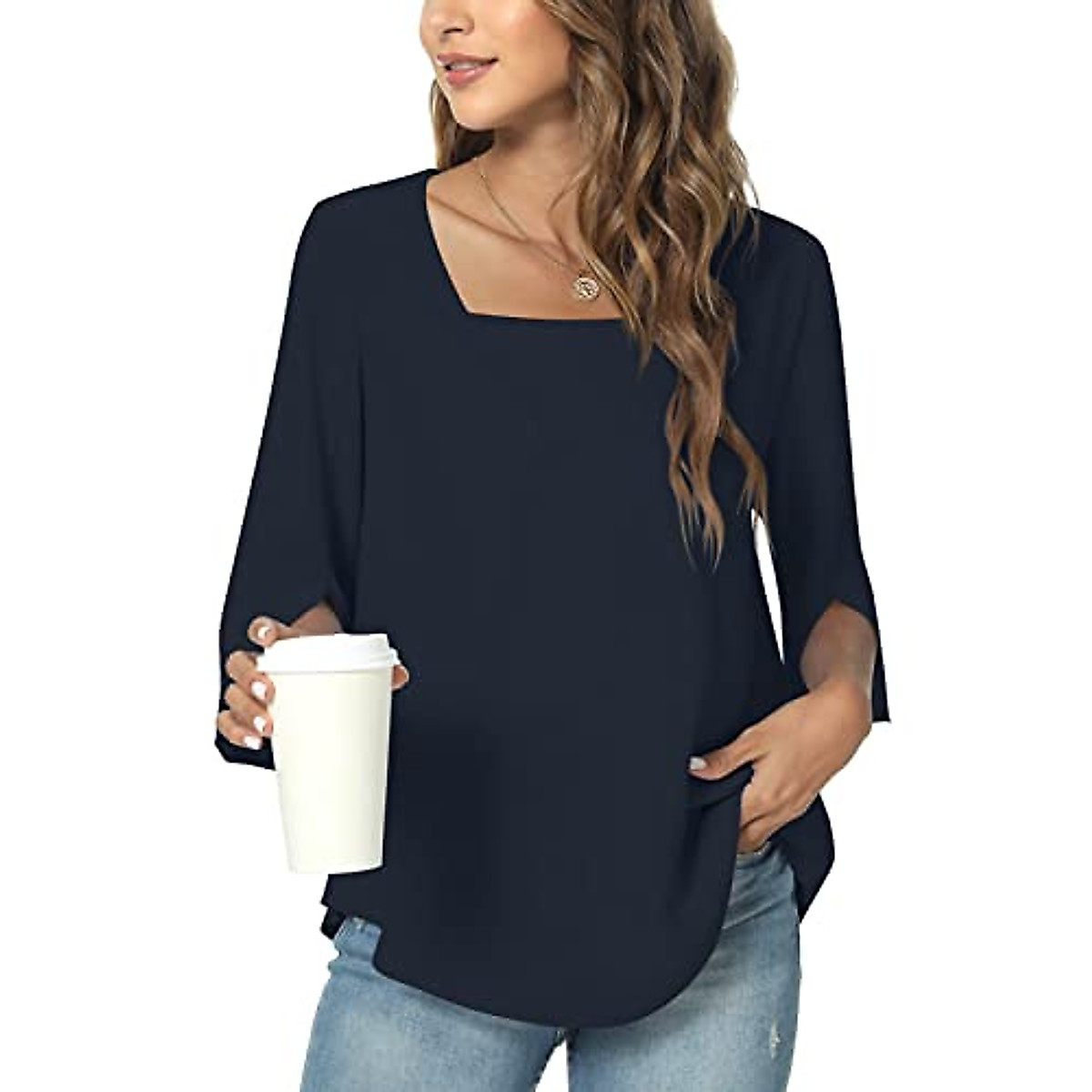 TAOHUADAO Womens 2025 Summer Casual Square Neck Loose Tunic Top for Leggings 3/4 Sleeve Chiffon Blouse Shirt Tops Large, Navy Blue