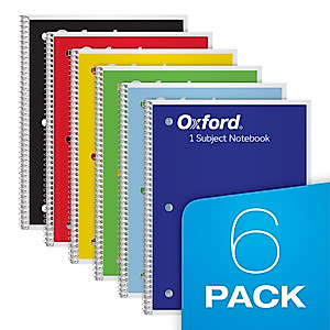 Oxford Spiral Notebook 6 Pack, 1 Subject, Wide Ruled Paper, 8 x 10-1/2 Inch, Blue, Yellow, Red, Light Blue, Green and Black, 70 Sheets (65010)