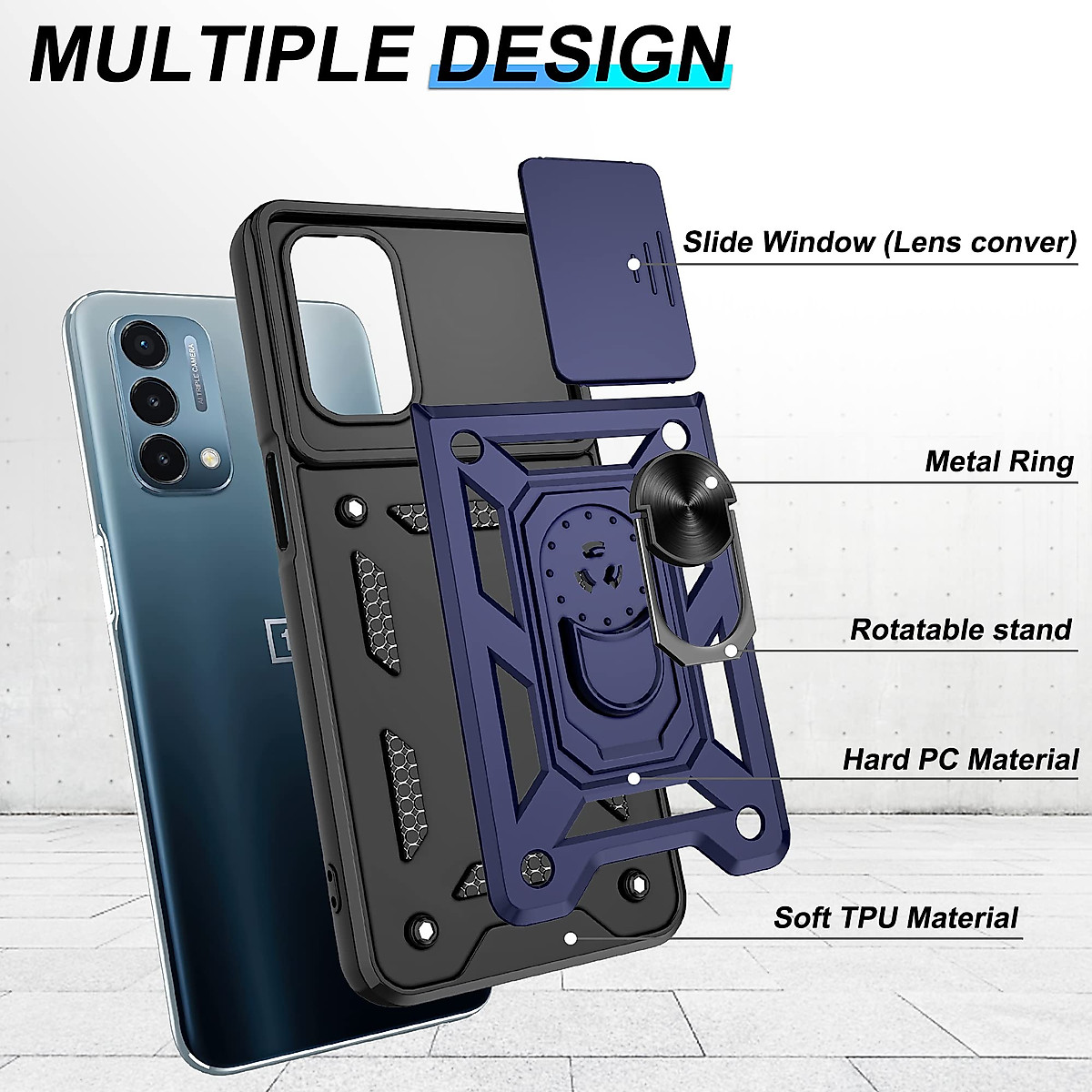 for OnePlus Nord N200 5G Case with HD Screen Protector with Slide Camera Cover, Atump 360° Rotation Ring Kickstand [Military Grade] Shockproof Protective Case for OnePlus Nord N200 5G,Blue