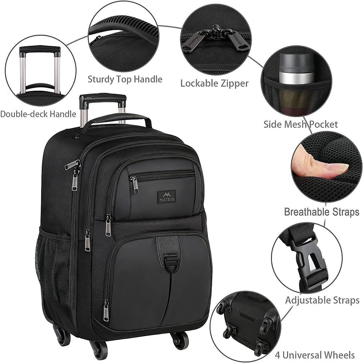 MATEIN Rolling Backpack with 4 Wheels, 17 inch Travel Laptop Backpack for Women Men, Large Wheeled Backpacks Water Resistant Business Carry on Bag Airline Approved, School Luggage Suitcase Bag, Black