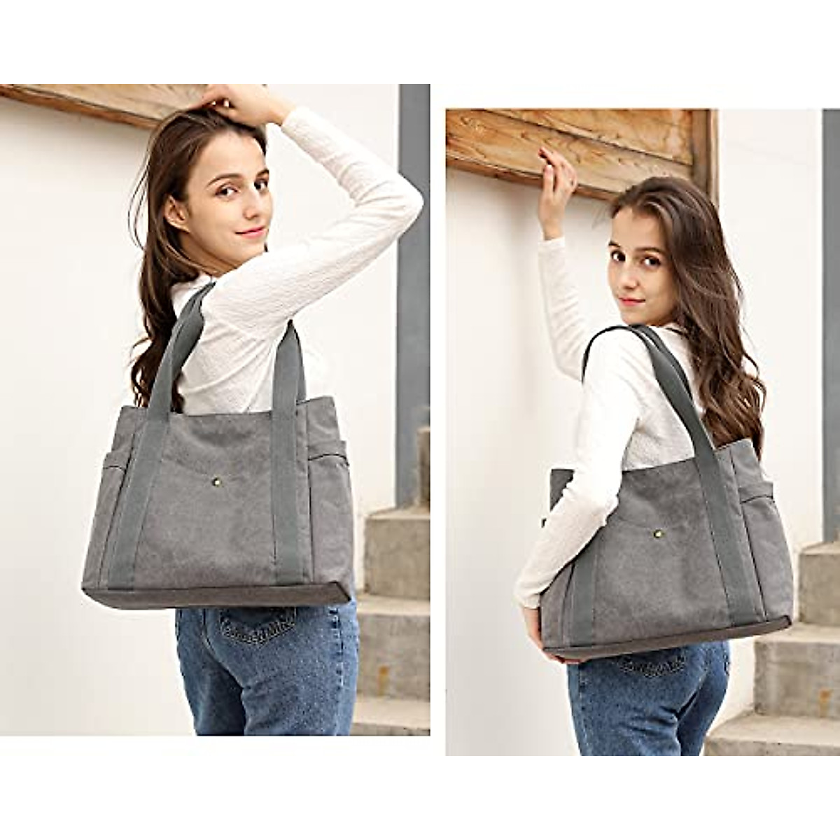 Women's Canvas Tote Handbags Multi-pocket Retro Casual Shoulder Bag Top Handle Satchel Tote Purse Gray
