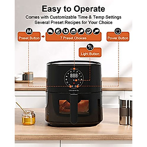 CROWNFUL 5 Quart Air Fryer with Viewing Window, Oilless Cooker, LCD Digital Touch Screen, 7 Cooking Presets and 53 Recipes, Nonstick Basket, Easy to Clean, 1500W ETL Listed (Black)