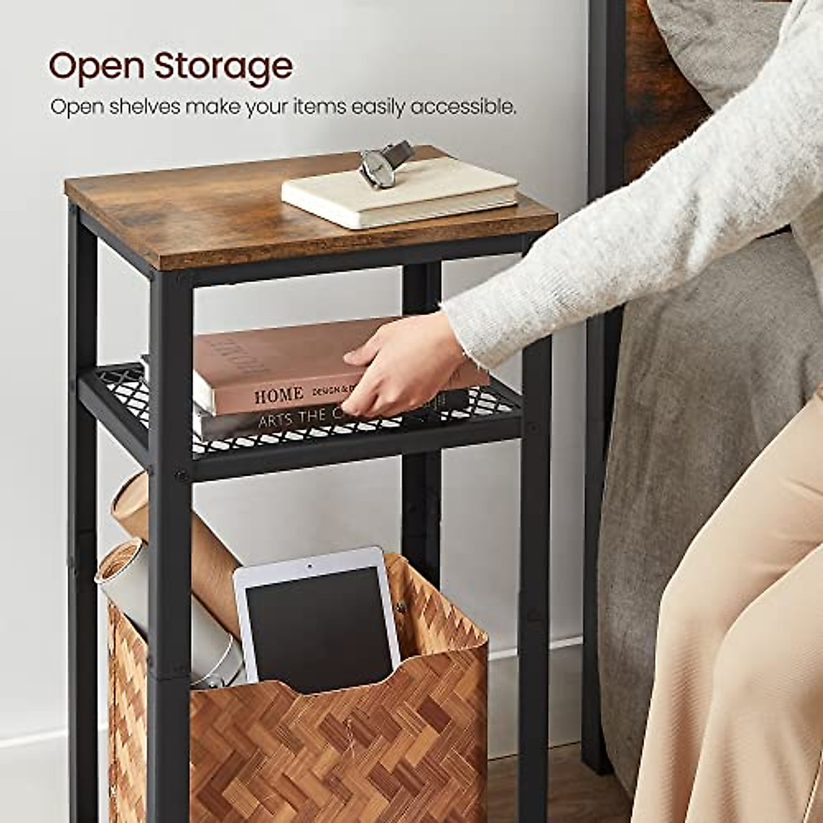 VASAGLE Tall Side Table, Telephone Table, End Table with 2 Mesh Shelves, for Living Room, Bedroom, Home Office, 11.8 x 15.7 x 29.5 Inches, Rustic Brown and Black ULET75BXV1