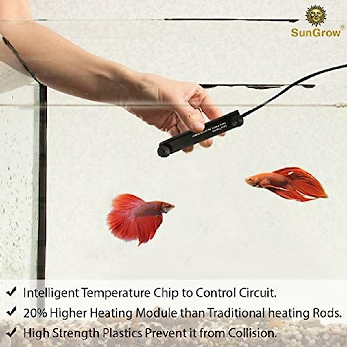 SunGrow Halfmoon Betta Heater, 10 Watts, for Small Tanks, Fully Submersible Aquarium Heater, Automatically Reaches Preset Temperature, Energy-Efficient Heating Module, Suction Cups Included
