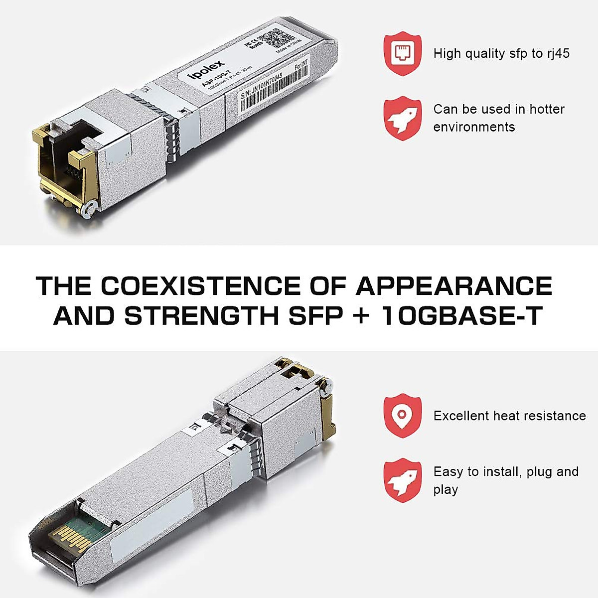 ipolex 10G SFP+ RJ45 Copper Transceiver, 10GBase-T RJ-45 SFP+ Module, Compatible for Intel E10GSFPT (CAT6a/CAT7, 30m)