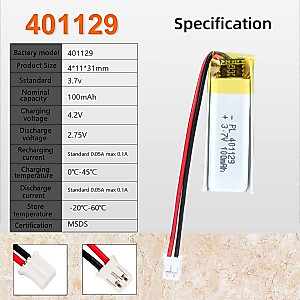 AKZYTUE 3.7V 100mAh 401129 Lipo battery Rechargeable Lithium Polymer ion Battery Pack with JST Connector