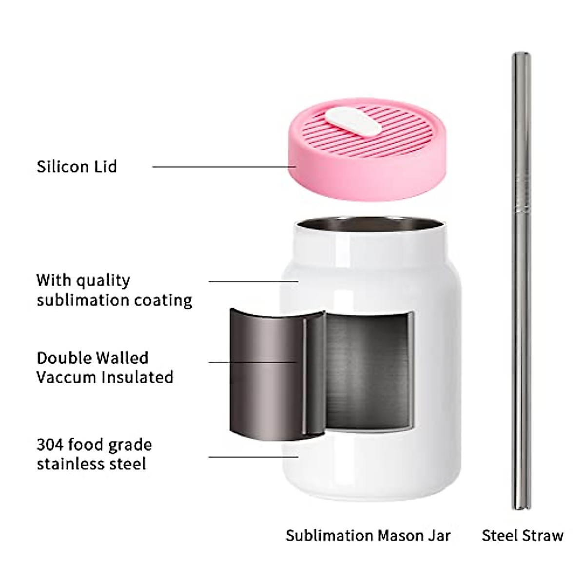 PYD Life Sublimation Mason Jar Tumbler Blanks White 16 OZ with Silicon Lid and Metal Straw Stainless Steel Cups Mugs for Cricut Mug Press and Tumbler Press Print 4 Pack