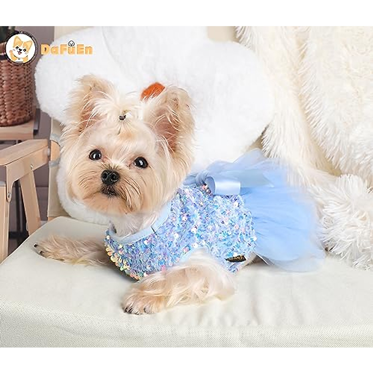Dog Sweater Dress for Small Dogs Girl Fall Winter Fleece Warm Puppy Dresses Clothes Outfit Apparel Cute Sequins Bowknot Pet Skirt for Cats Holiday Doggie Wedding Dress Coats (X-Small, Blue)