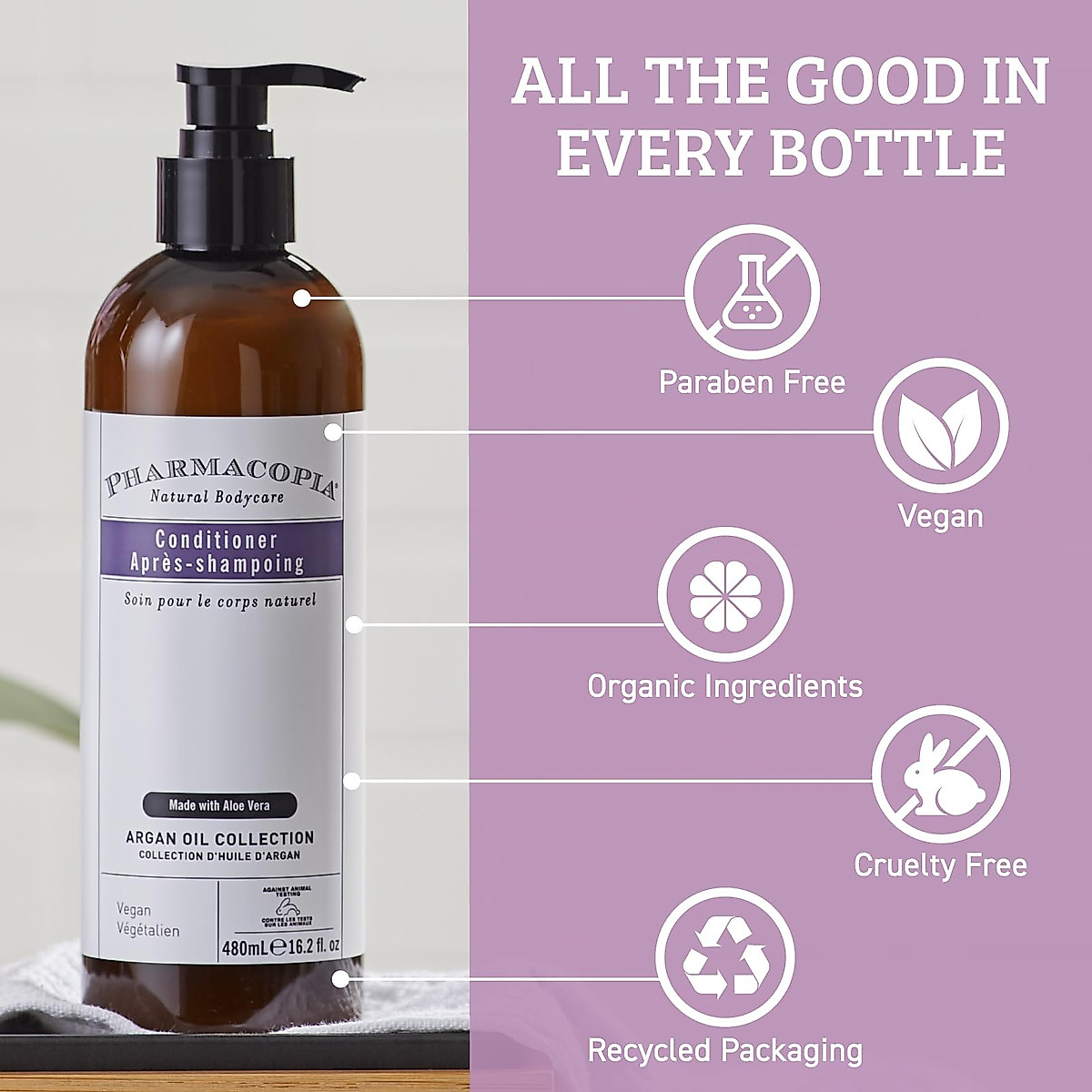 Pharmacopia Hotel Argan Oil Conditioner - Natural Hydrating, Vegan & Cruelty-Free Hair Care with Aloe Vera, Olive Leaf Extract and Chamomile for Dry Hair and Detangling, for Men and Women, 16.2 oz