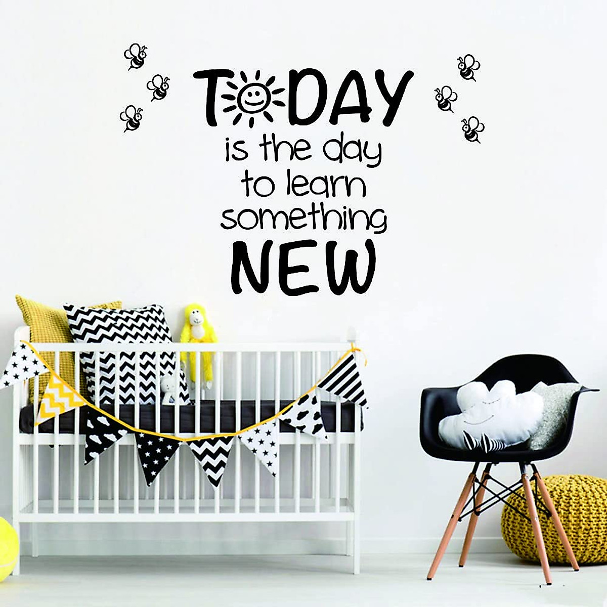 ANFRJJI Love Learning, Start Now Inspirational Words Wall Decal - Little Bee and Sun Smile PVC Removable Wall Sticker for Student and Kids Room Decor -Effect 26"x37"inch (black-JWH255-Today)