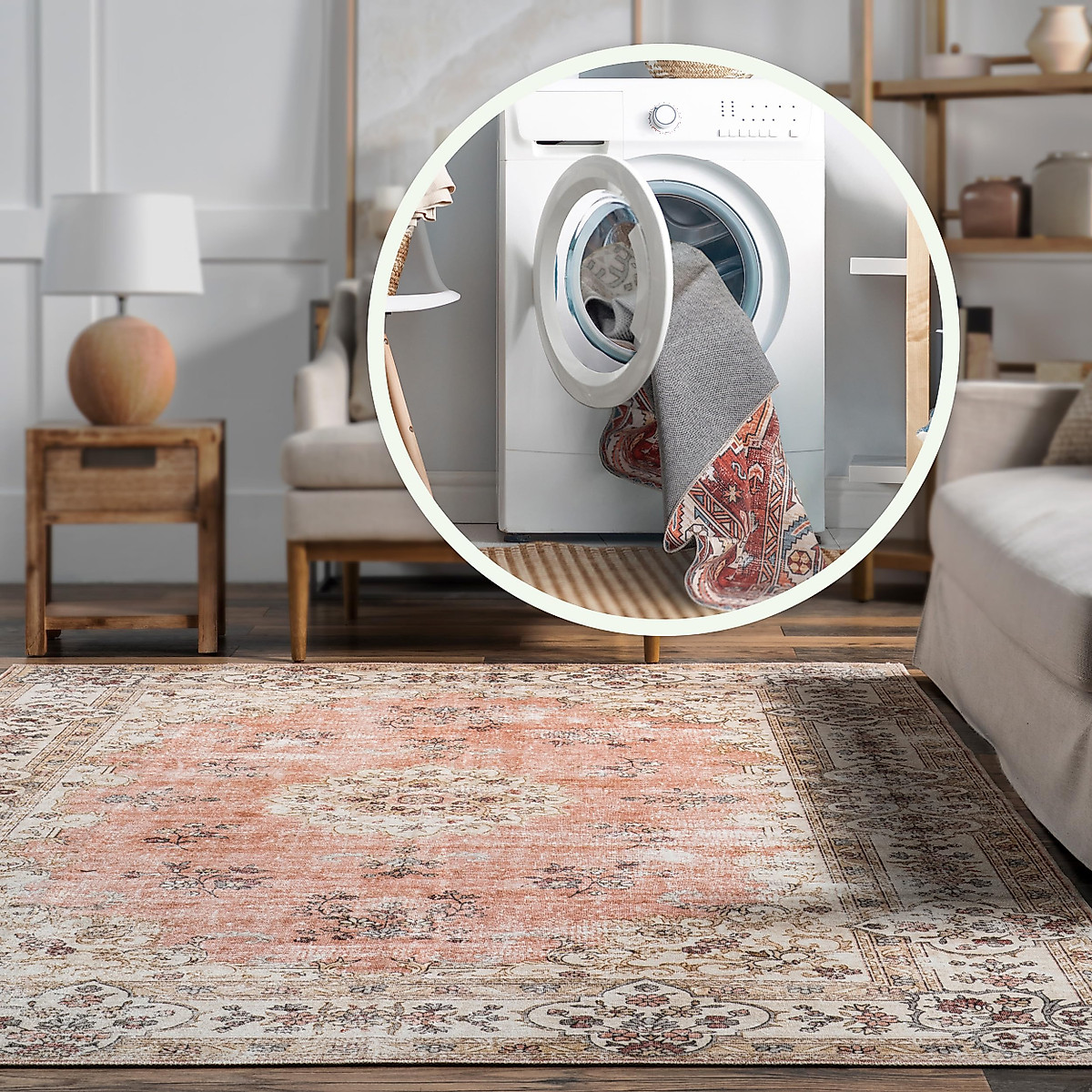 nuLOOM Ren Vintage Floral Machine Washable Ultra Thin Area Rug, 4x6, Peach