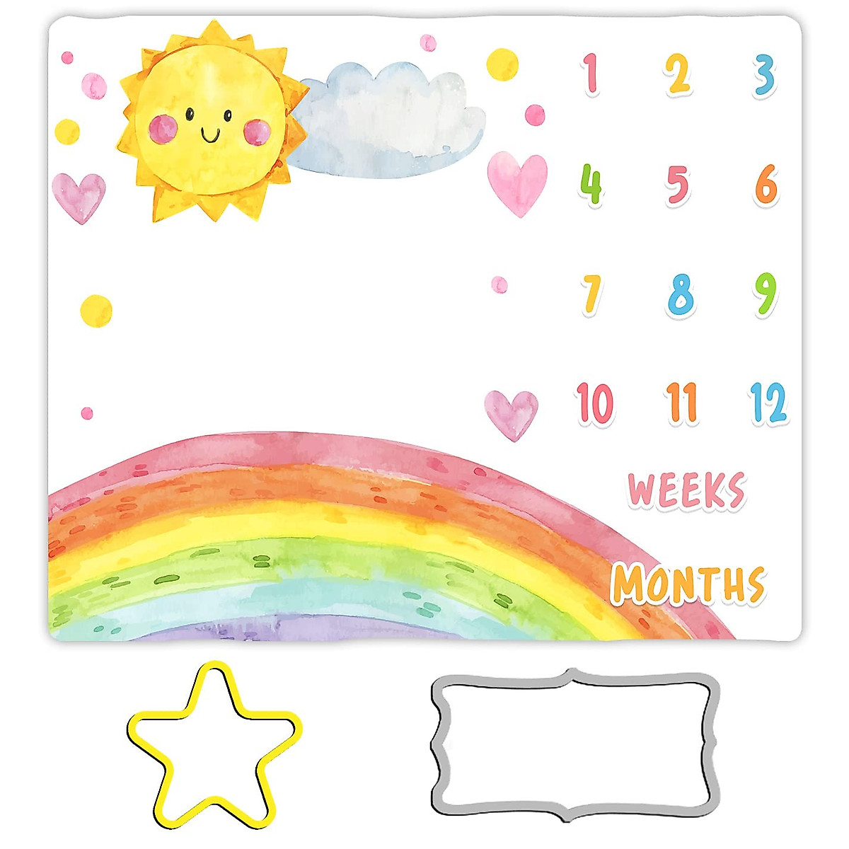 Cartoon Rainbow Baby Monthly Milestone Blanket, 48x40in Sun Cloud Heart Shape Colored Dots Blanket Hand Painted for Newborn Baby Shower,Baby Growth Chart Photography Blanket BTLSME96