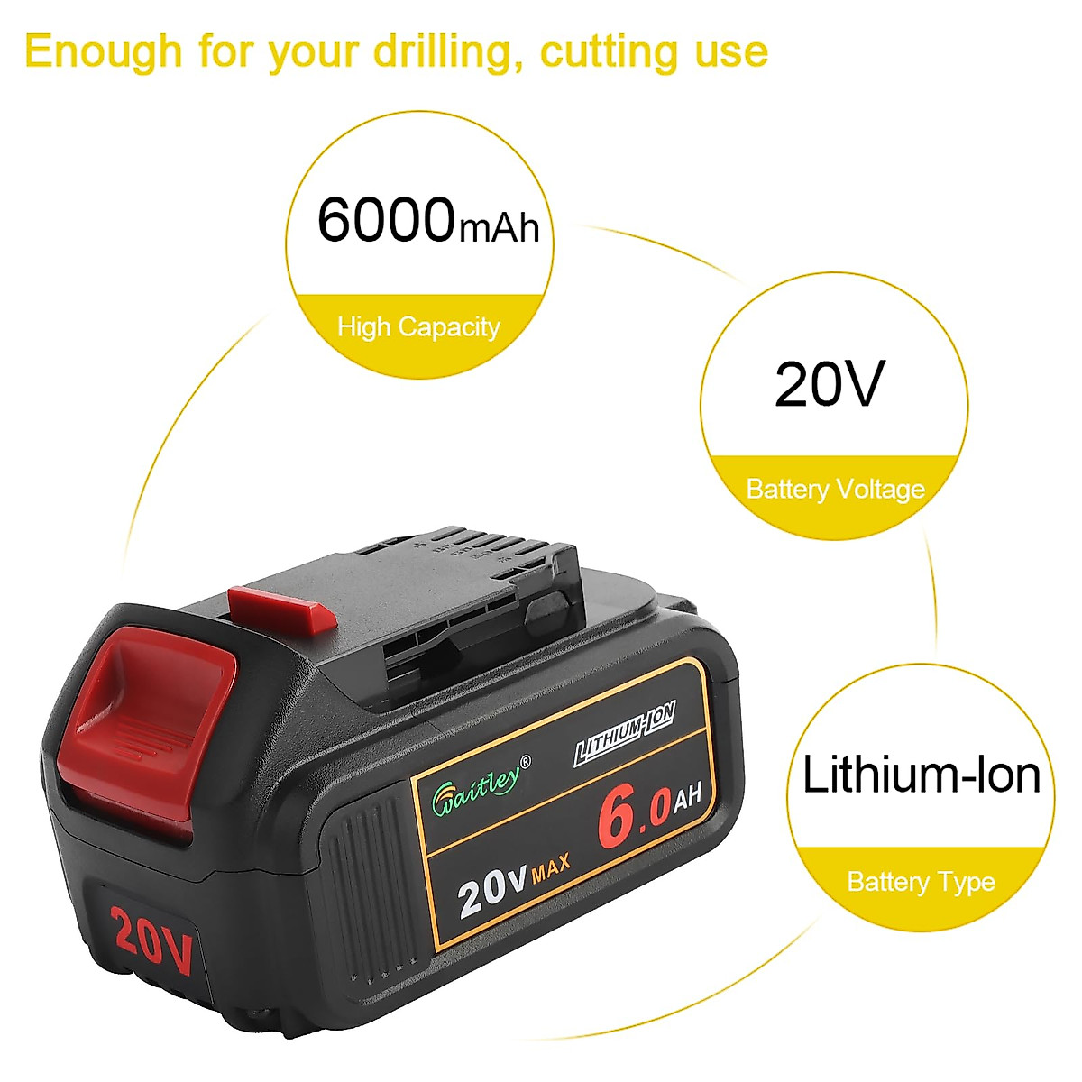 waitley 4 Pack 20V 6A Replacement Battery Compatible with Dewalt DCB200 DCB206 DCD DCF DCG Series Cordless Tools