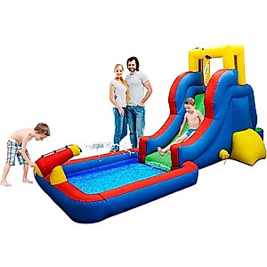 PicassoTiles Inflatable Bouncer House KC106 + KC108, Jump Slide Playhouse w/ 50 Pit Balls, 3 Sides Mesh Protection, Water Slide Park w/Pool Area, Climbing Wall, Shower Head Sprays Mount, Water Cannon