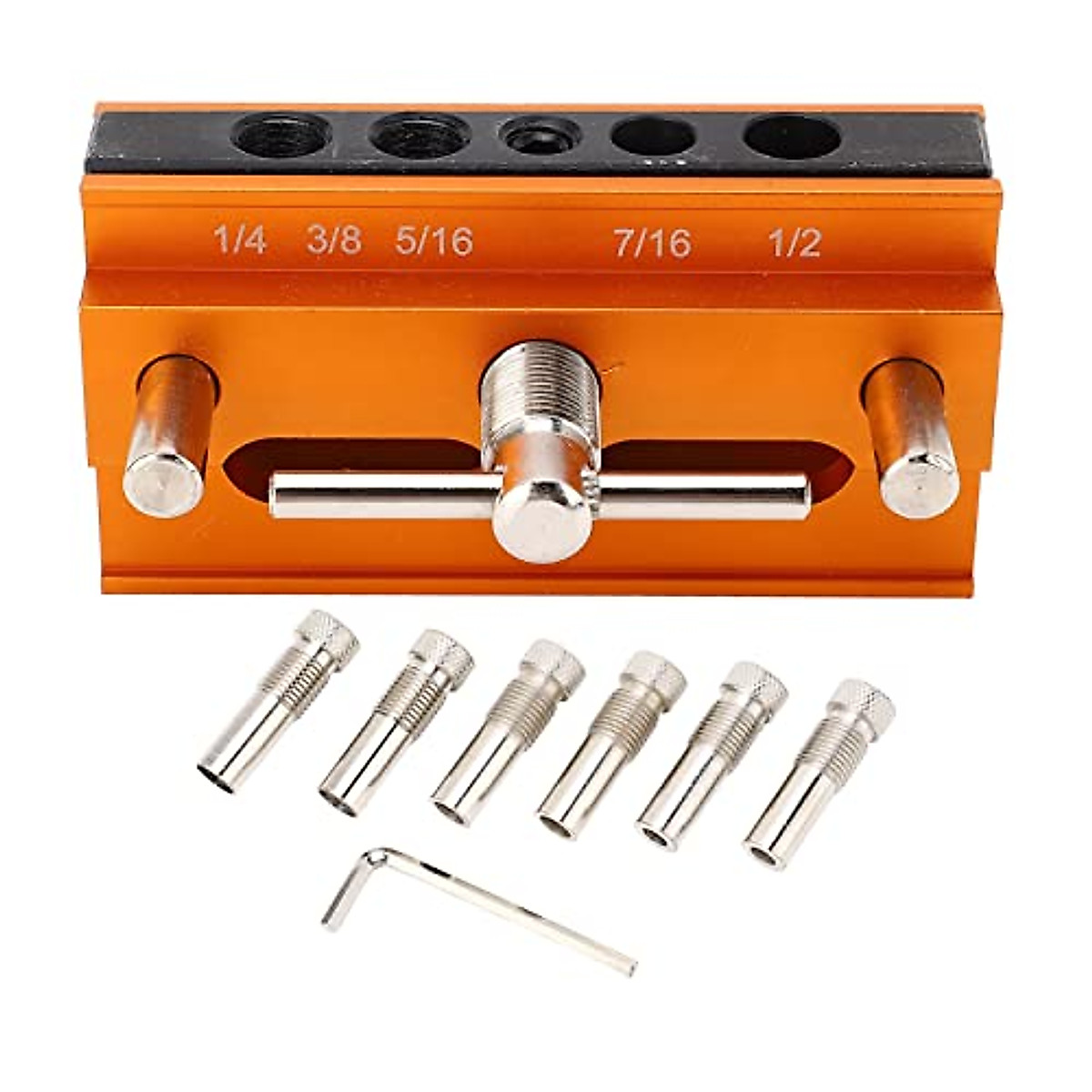 Drilling Guide, Self Centering Dowel Jig Kit Aluminum Alloy Orange 4 Holes Width Capacity Drill Positioner Adjustable Hand Tools, Drilling Holders