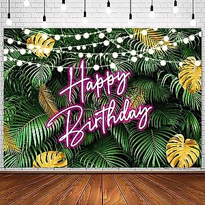 Sensfun Hawaiian Tropical Palm Leaves Happy Birthday Backdrop Aloha Luau Pink Neon Birthday Jungle Green Leaves Photo Background Adults 30th 40th 50th Birthday Decorations Banner Photo Props 7x5ft