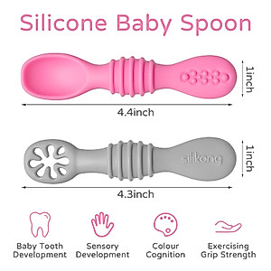 Silikong Silicone Baby Spoons Set (Stage 1 + Stage 2) - Toddler Utensils - Self Feeding Spoons