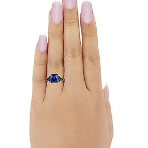 Celtic Engagement Bridal Ring Emerald Cut Round Black Tone, Simulated Blue Sapphire Cubic Zirconia 925 Sterling Silver Size-5