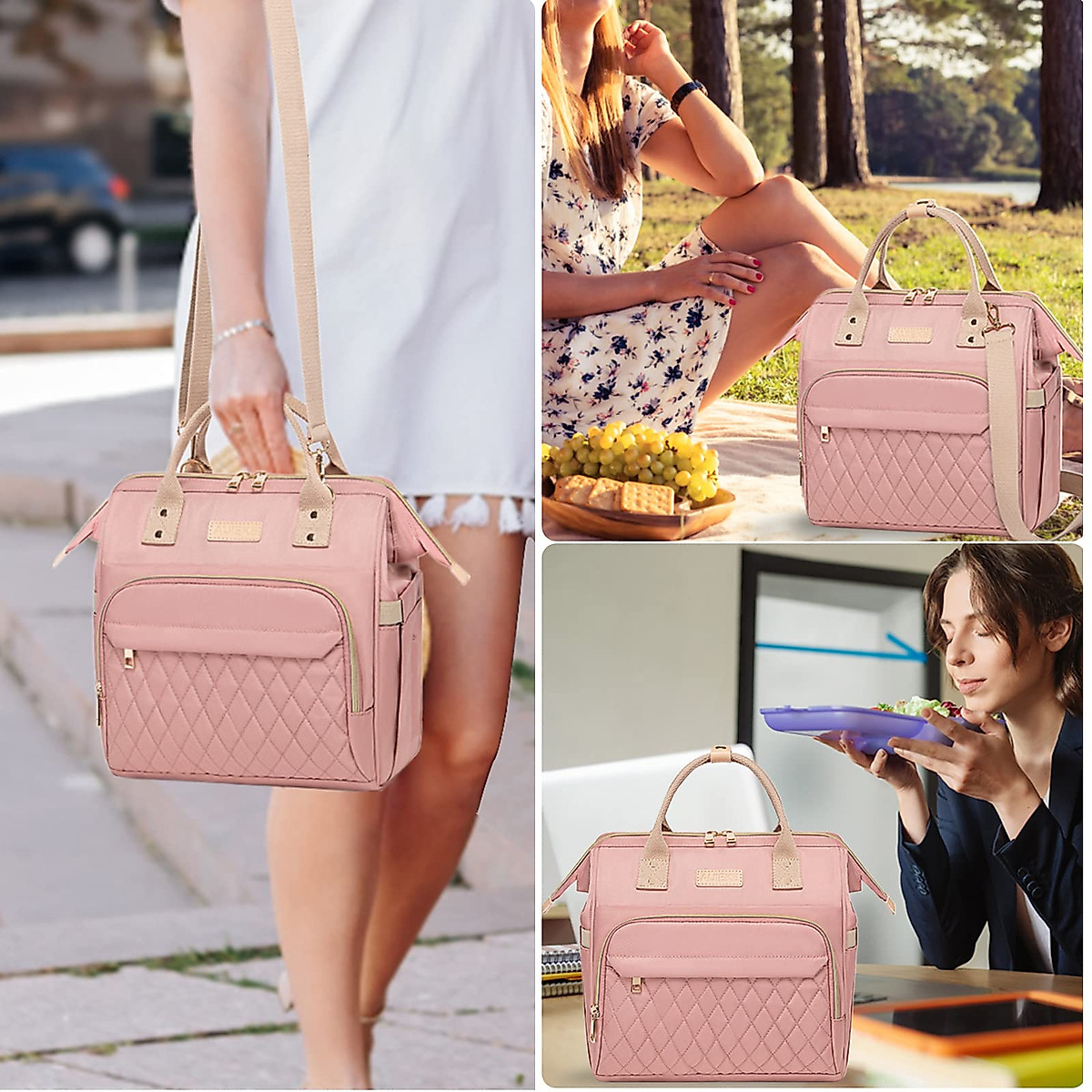 AIJIEKE Lunch Bag For Women, Cute Insulated Lunch Bag, Large Lunch Tote For Work, Leak Proof Lunch Box For Adults, Lunch Purse, Cooler Bag With Side Pockets And Shoulder Strap For Picnic Office(Pink)