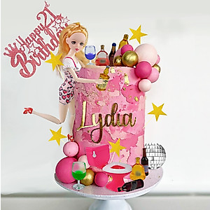 36 PCS Mini Wine Bottles Cake Toppers With 12 Mini Wine Bottles 5 Mini Wine Glasses 1Toilet Toy 1 Beauty Doll 21st Birthday Cake Topper for Celebrating Birthday Girl Party (Pink)