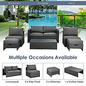 LIRUXUN 6PCS Patio Rattan Furniture Set Space Saving Cushioned No Assembly Loveseat Armless Sofa