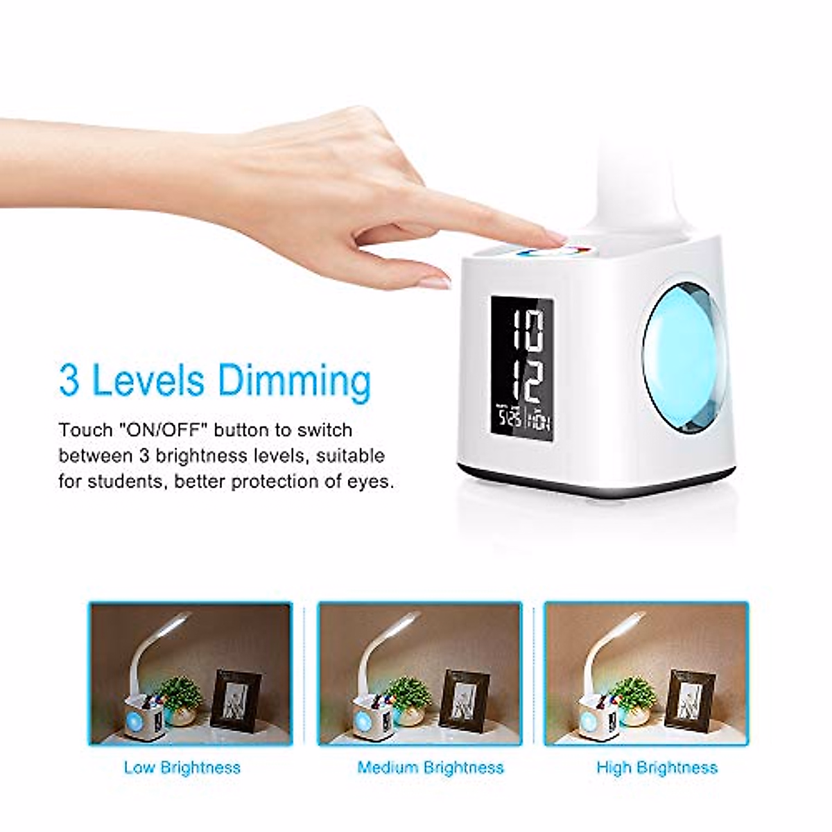 wanjiaone Study LED Desk Lamp with USB Charging Port&Screen&Calendar&Color Night Light, Kids Dimmable LED Table Lamp with Pen Holder&Clock, Desk Reading Light for Students,10W