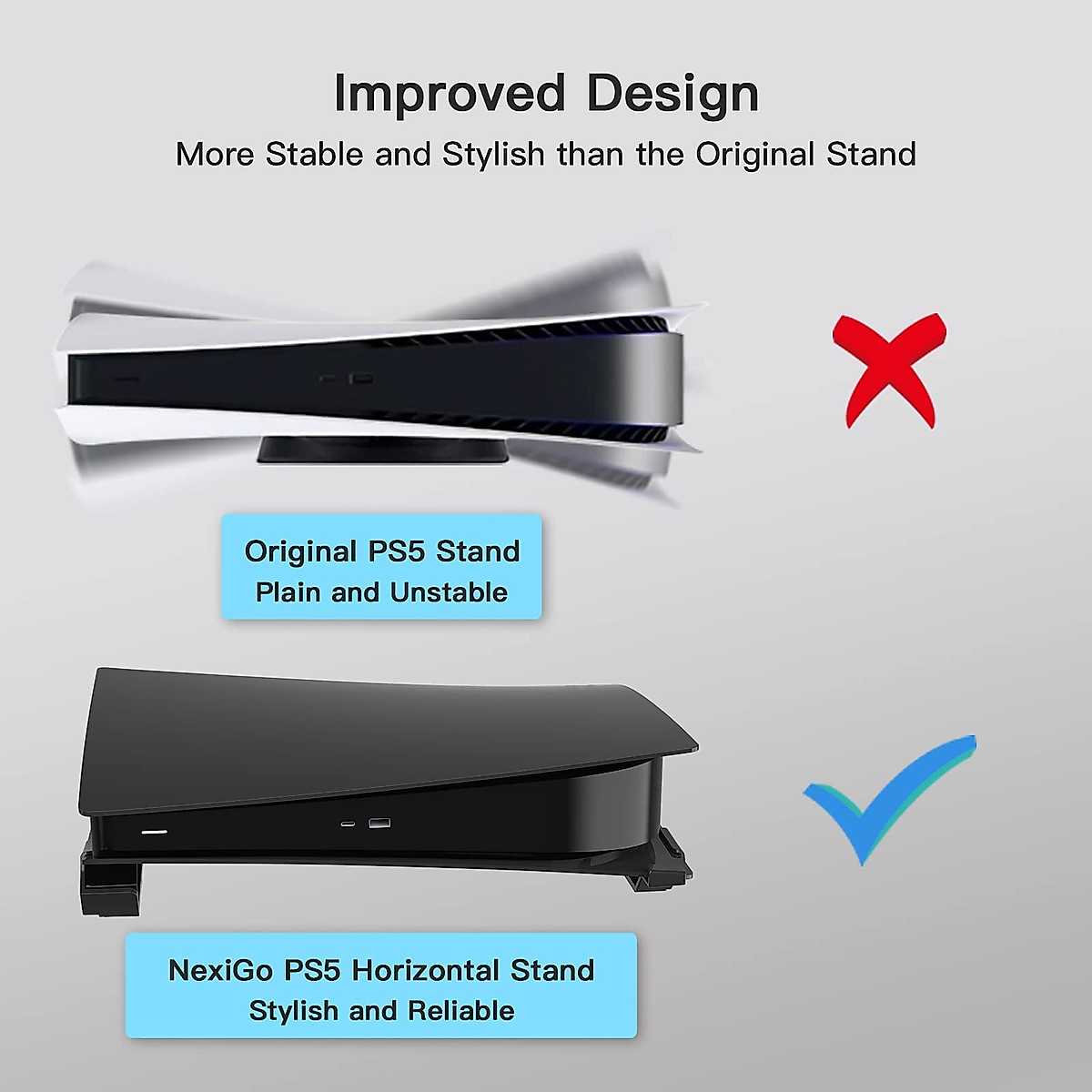 NexiGo PS5 Accessories Black Series, PlayStation 5 Horizontal Stand [Minimalist Design], PS5 Cooling Fan with LED Light, Compatible with Both Disc and Digital Editions
