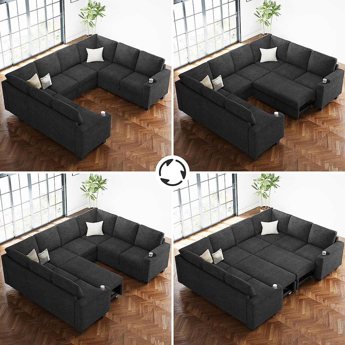 Belffin Sectional Sleeper Sofa Couch with Pullout Bed Modular Sectional Pull Out Couch with Storage. Dark Grey Couch