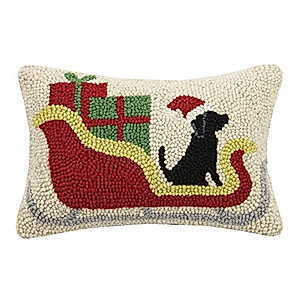 Peking Handicraft Christmas Sleigh Black Lab Dog Christmas Mini Hooked Wool Pillow - 8" x 12"