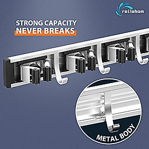 reliahom 2 Pack Broom Holder Mop Hanger Wall Mount Metal Organization Garage Storage System Garden Kitchen Tool Organizer(5 Racks with 4 Hooks, Black)