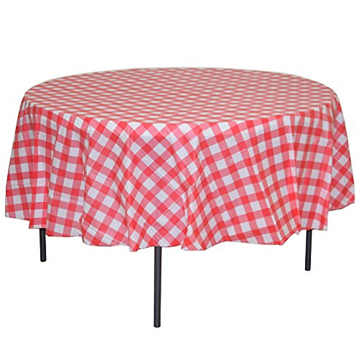 Exquisite 12 Pack Premium Round Plastic Checkered BBQ Tablecloth - Red & White Gingham Checkerboard Disposable Plastic Tablecloth 84 inch. Round