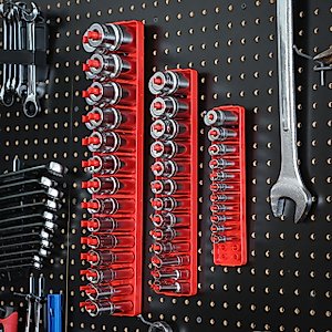 OEMTOOLS 22234 6 Piece SAE and Metric Socket Tray Set, SAE and Metric Socket Storage for Sizes 1/4", 3/8”, and 1/2" Drive, Socket Holders and Socket Organizer Tray for Toolbox, Red and Black