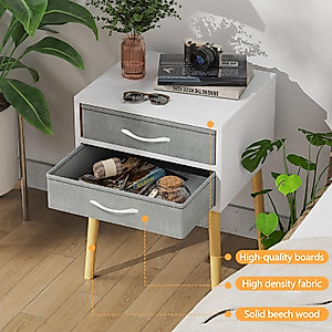 LIONONLY Nightstand with Drawer, Modern White Night Stand with Solid Wood Legs, Bedside Tables Bedroom Nightstand Side Tables with Storage Shelf for Bedroom Furniture,Ideal for Home