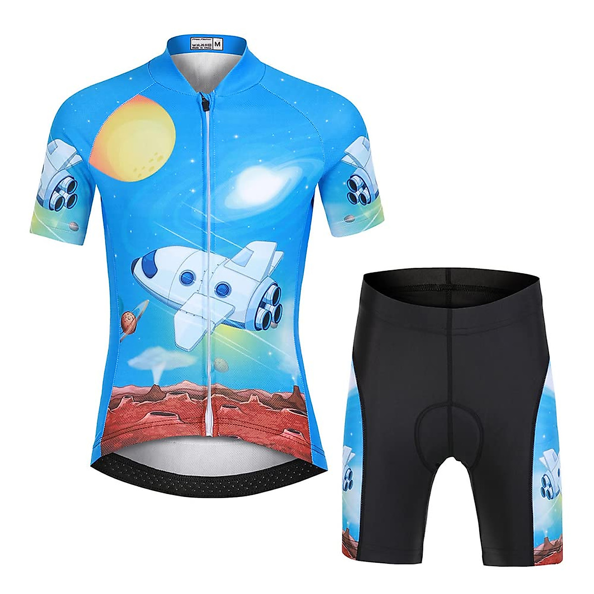 L PATTERN Kids Cycling Jersey Set Short Sleeve With 3D padded Shorts Cartoon Road Mountain Bike Jersey Set for Girls Boys, Spaceship Light Blue, 6-7 Years