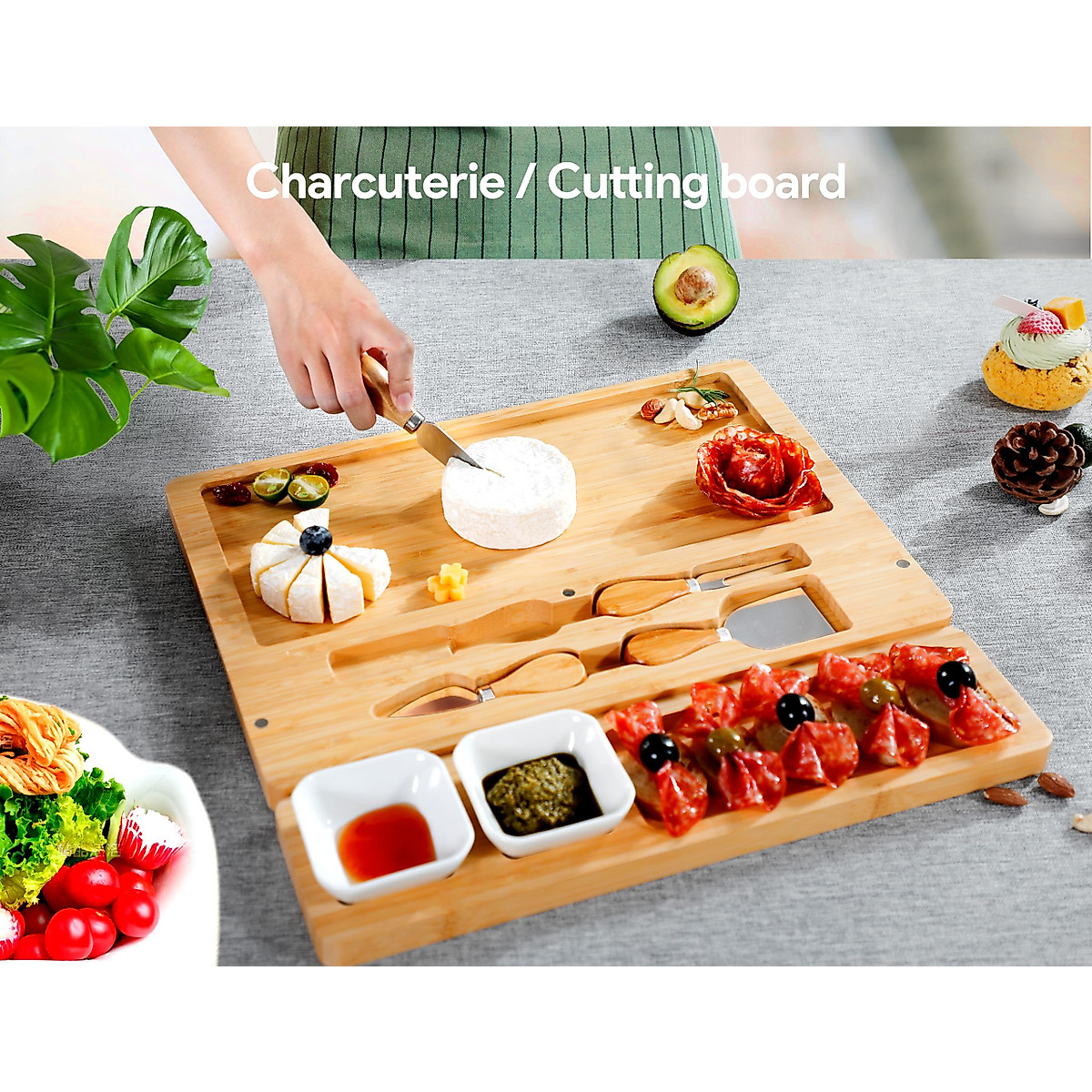 Charcuterie Boards, Thereye Cheese Board with Knife Set, Bamboo Charcuterie Board Set, Gifts for Women, Wedding Gifts, House Warming Gifts, Bridal Shower Gift