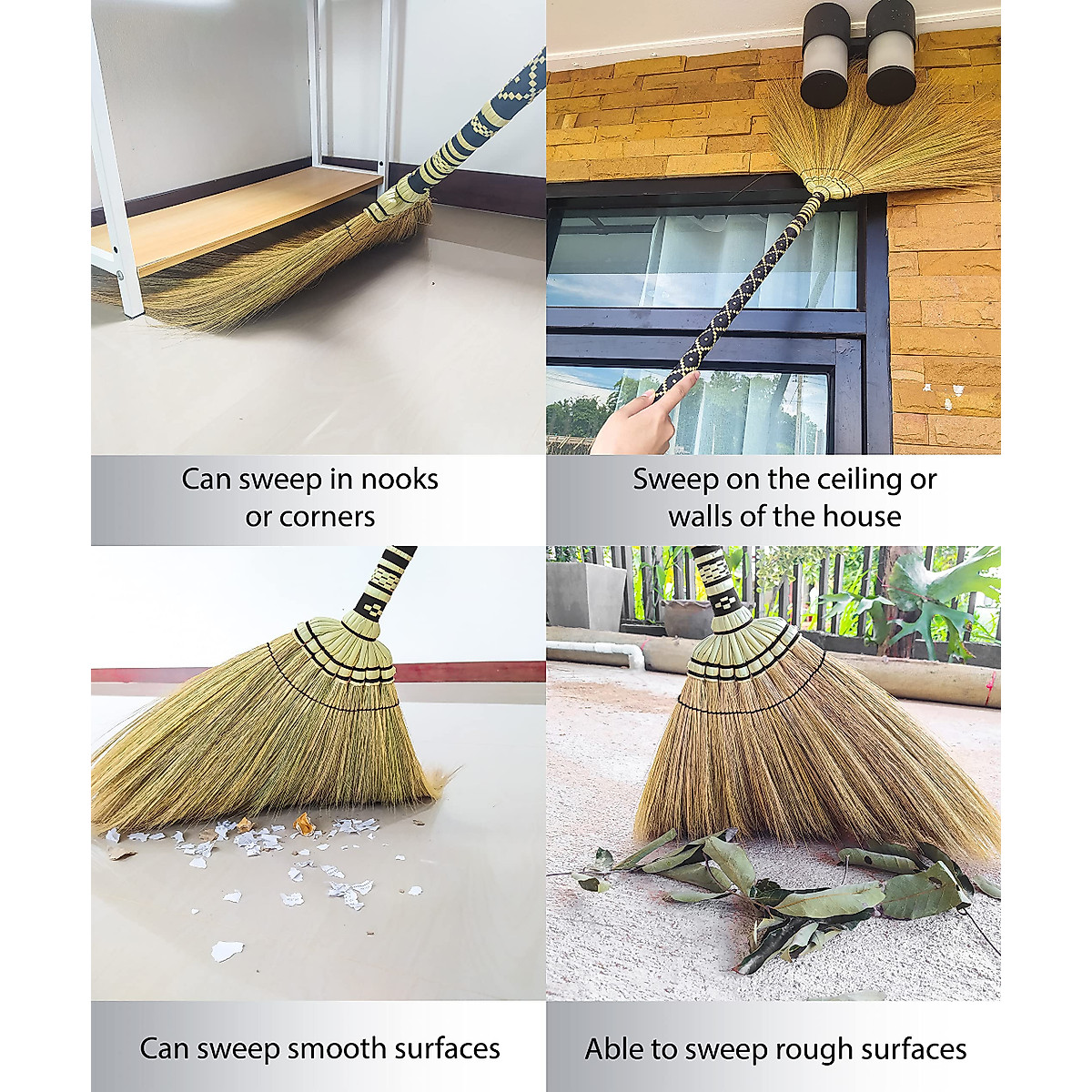Natural Grass Thai Broom Indoor Outdoor, Vintage Retro Embroidered Woven Nylon,Handmade Broom,Housewarming Gift Witch Broom, Broomstick Bamboo Stick Handle,Kong Grass Broom,Durable Broom(Black)