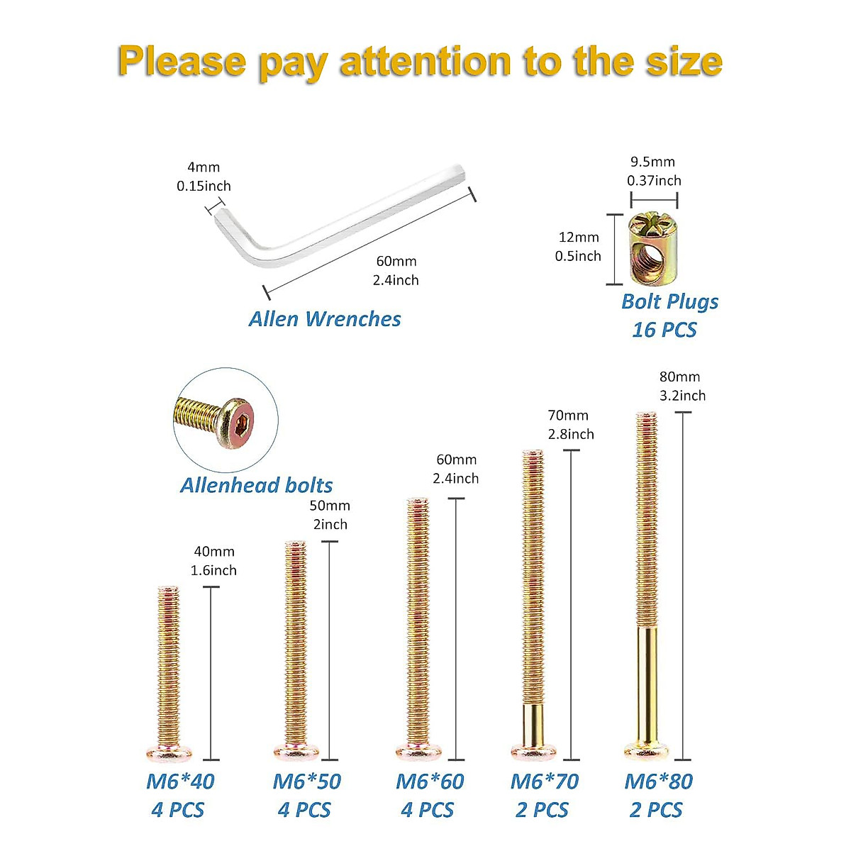 Crib Screws Hardware Replacement Kit - 16 Set Baby Bed Frame Bolts &Barrel Nuts Set, M6x40mm/ 50mm/ 60mm/ 70mm/ 80mm Hex Drive Socket Cap Screws Barrel Nuts