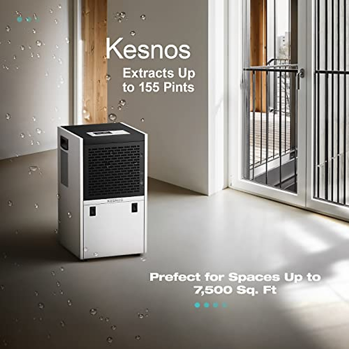Kesnos 155 Pint Commercial Dehumidifier with 6.56 ft Drain Hose and 1.32 Gallon Water Tank for Space up to 7500 Sq. Ft - 24 Hr Timer Ideal for Basements, Industrial or Commercial Spaces and Job Sites