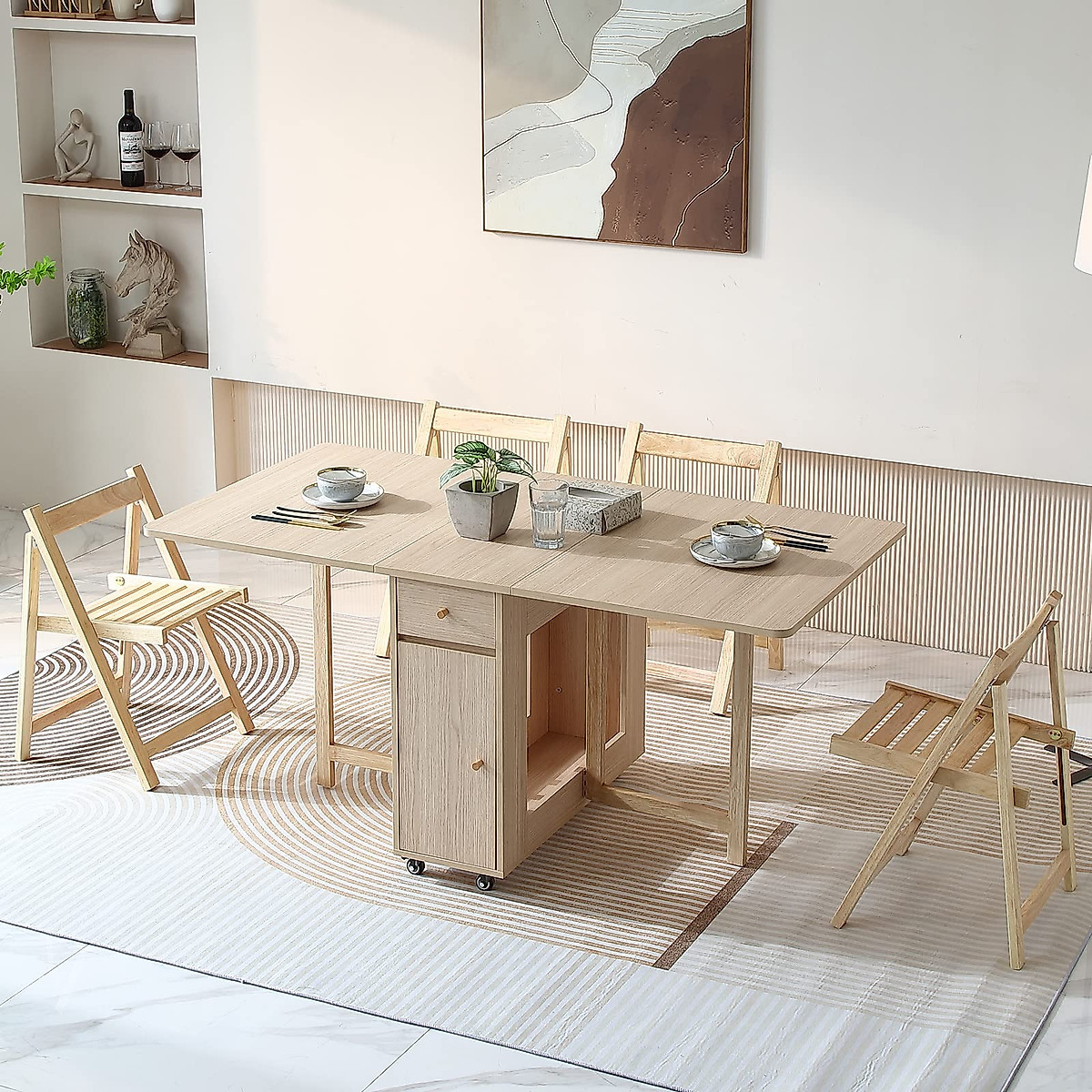 COMUHOME Extendable Drop Leaf Folding Dining Table with 2 Drawers and 4 Wheels for Living Room Kitchen Farmhouse Space Saving Table in Wood Color