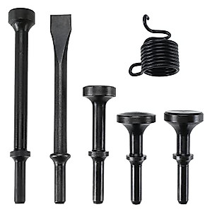 YaeKoo 6Pcs Smoothing Air Hammer Tool Kit 0.4'' (10mm) Shank Extended Length Air Hammer Bits Accessories with One Pneumatic Chisel One Spring for Forming Metal Plates, Rivets, Tire Repair
