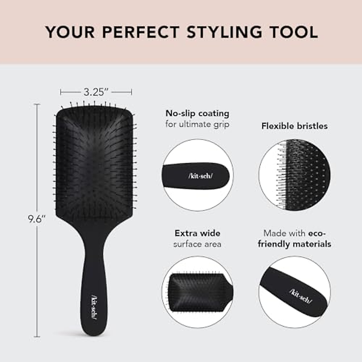 Kitsch Paddle Brush for Blow Drying, Hair Brush for Thick or Thin Hair, Hairbrush for Women with Nylon Bristle, Detangling Brush for Curly Straight Wet Hair, Gently Detangles Without Creating Frizz