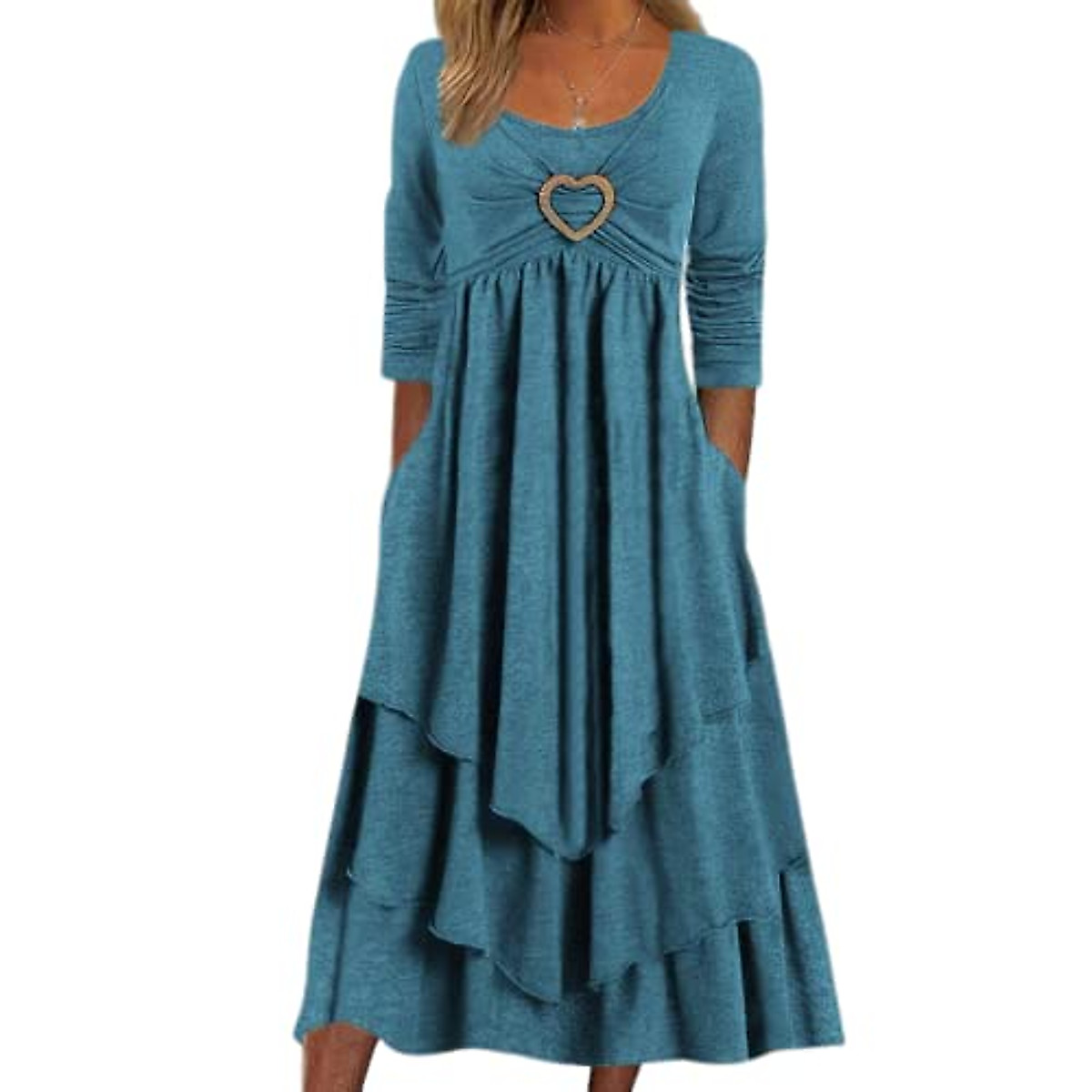 Akivide Women 2024 Fashion Crewneck Dresses Long Sleeve Swing Ruffle Irregular Hem A Line Flowy Pleated Maxi Dress (Blue,3X-Large)